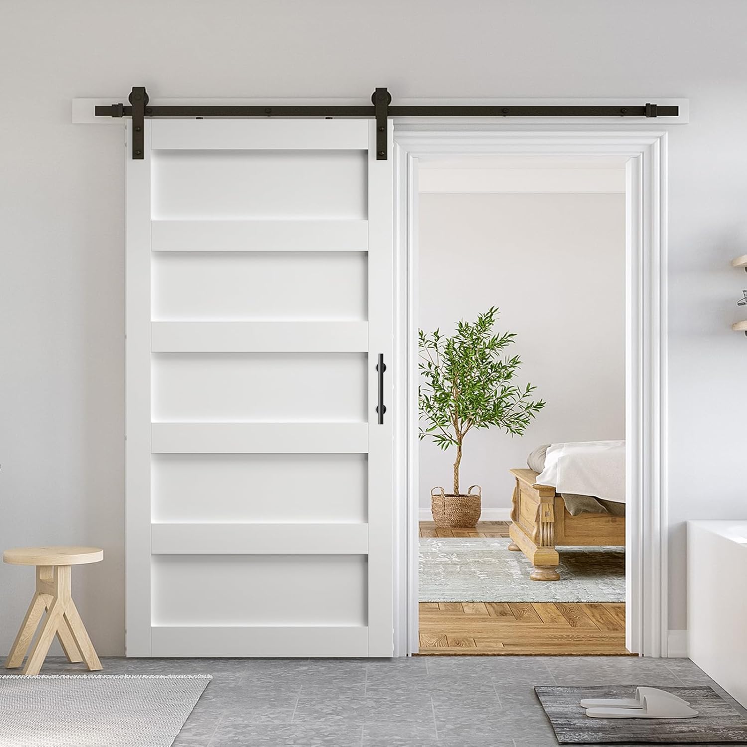 SmartStandard 40 x 84 inch White Slidng MDF Barn Door with 7FT Black S